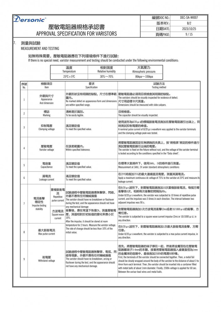 Dersonic varistor approval specification page 10
