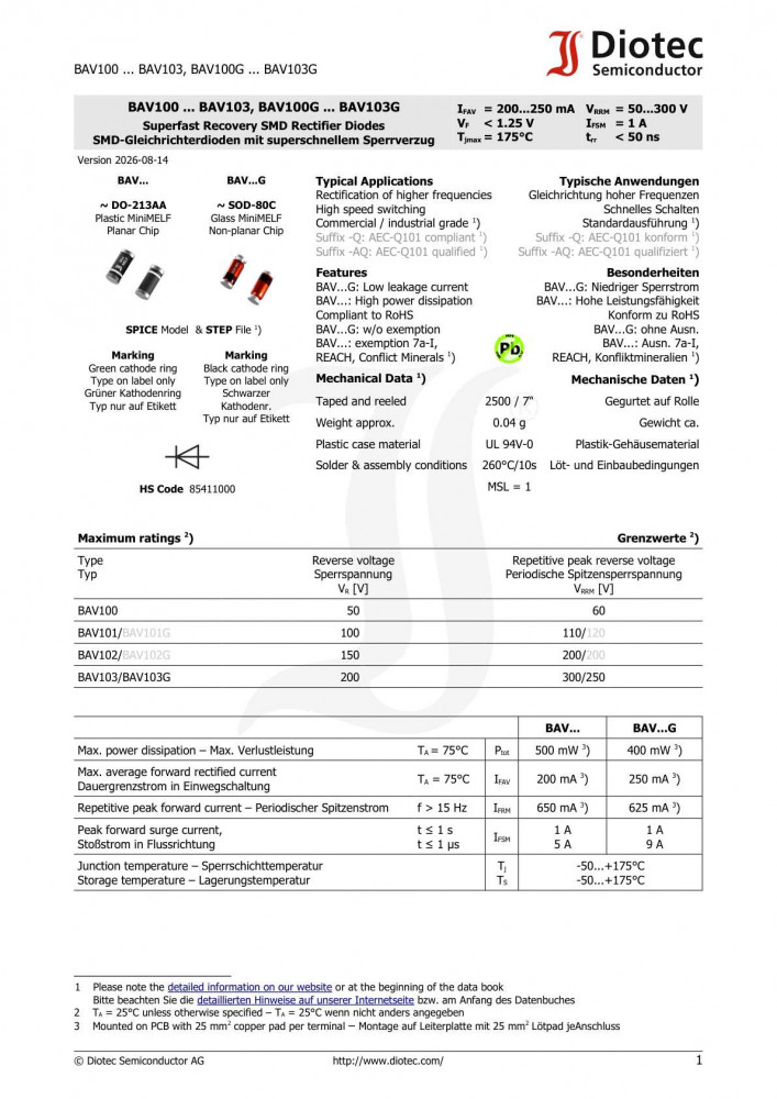 DIOTEC BAV100 datasheet page 1
