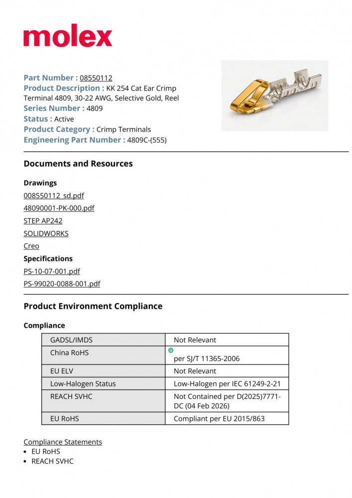 Molex KK 254 product specification page 1