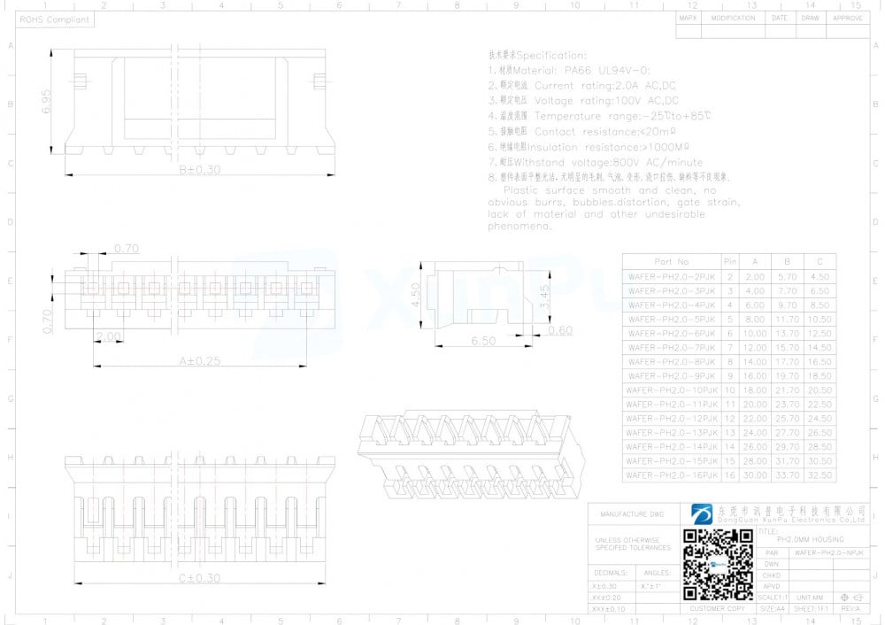 XUNPU WAFER-PH2.0-15PJK technical drawing