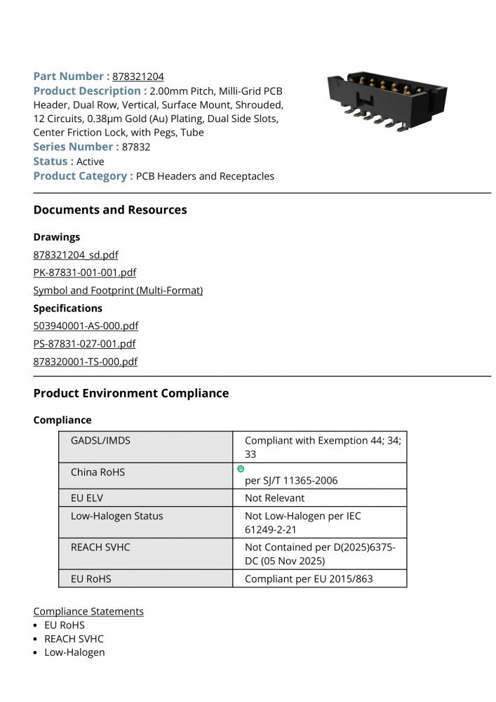 MOLEX 878321204 technical document preview, page 1