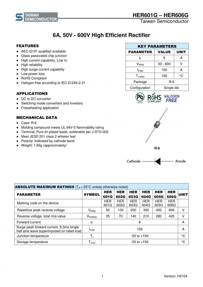 HER605G technical document, page 1
