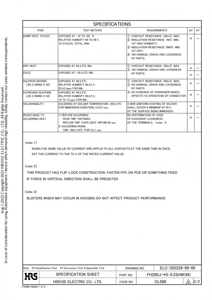 HRS FH29DJ specification sheet page 2