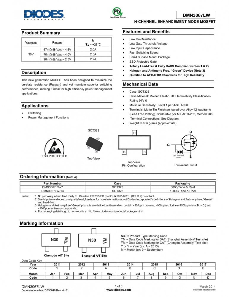 DMN3067LW-7 datasheet page 1