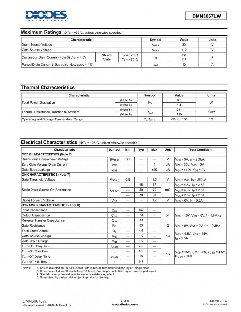 DMN3067LW-7 datasheet page 2