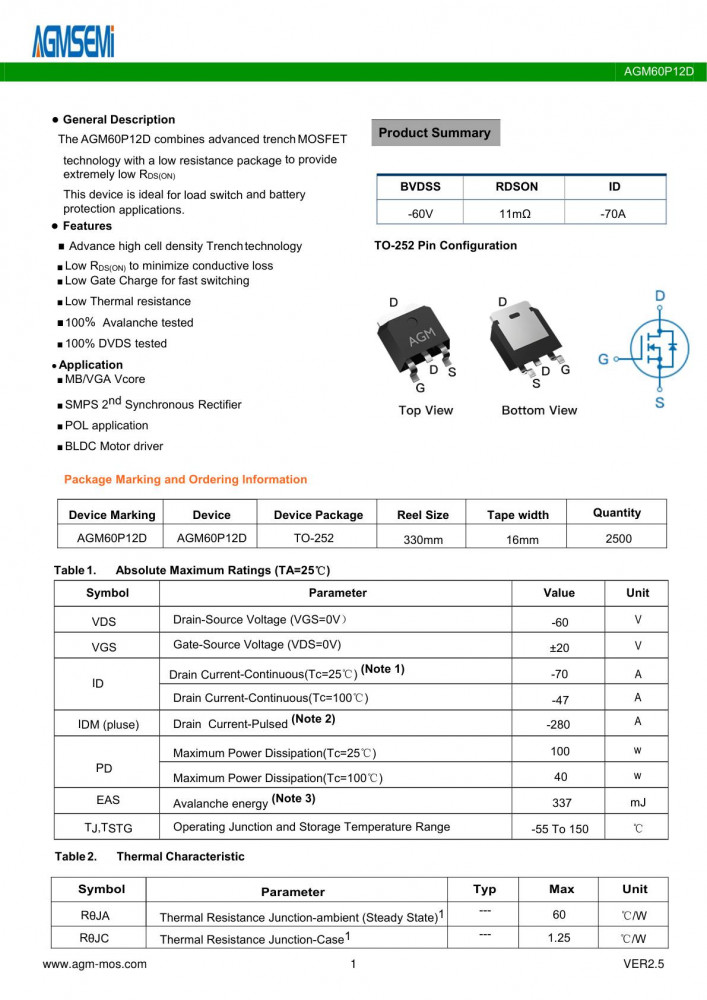 AGM60P12D datasheet page 1