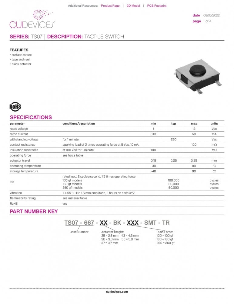 CUI TS07 series datasheet page 1