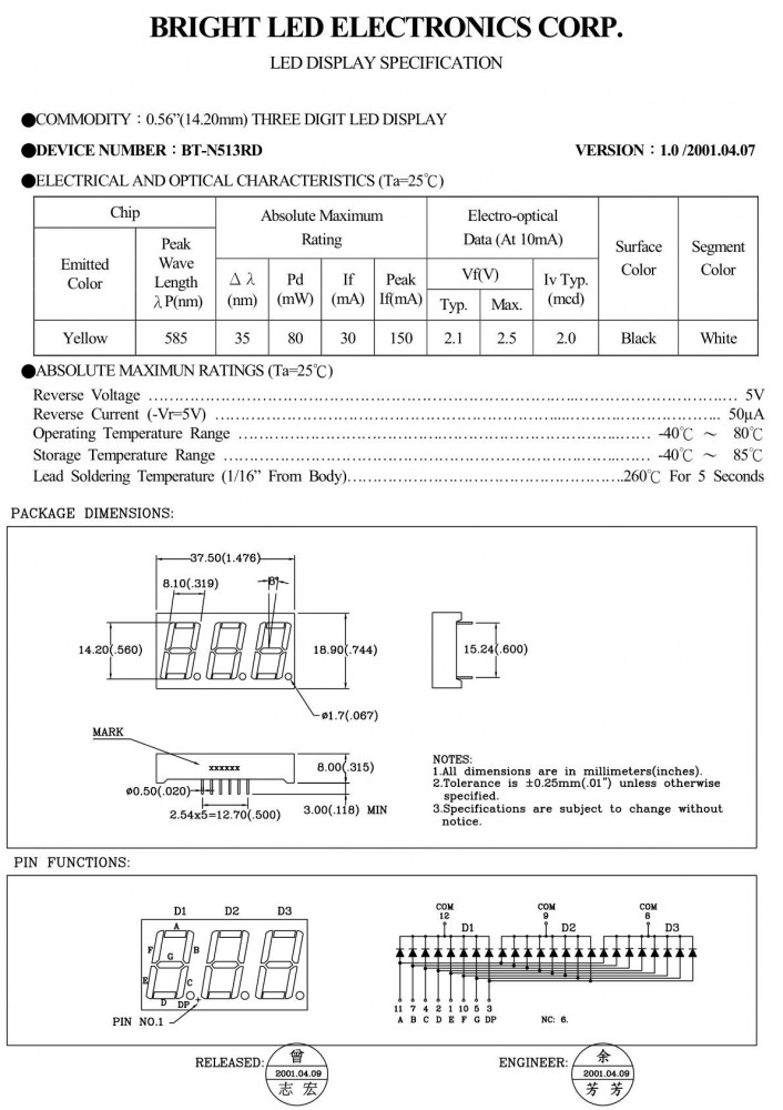 BT-N513RD LED display specification sheet image