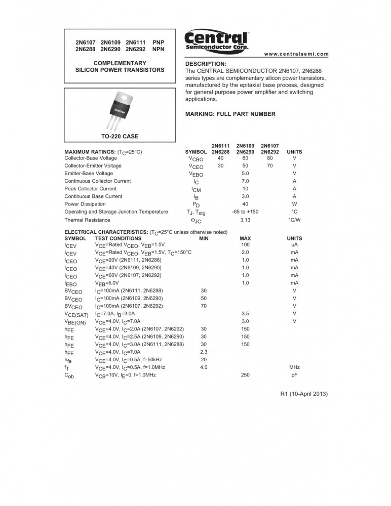 Central 2N6107 document page 1