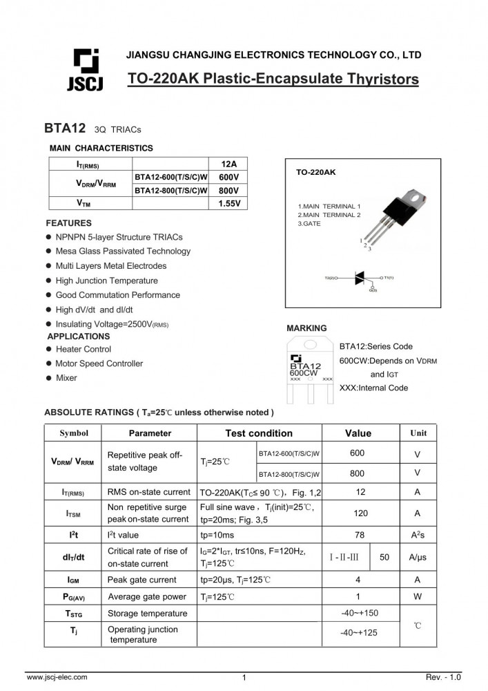 BTA12-800CW datasheet page 1