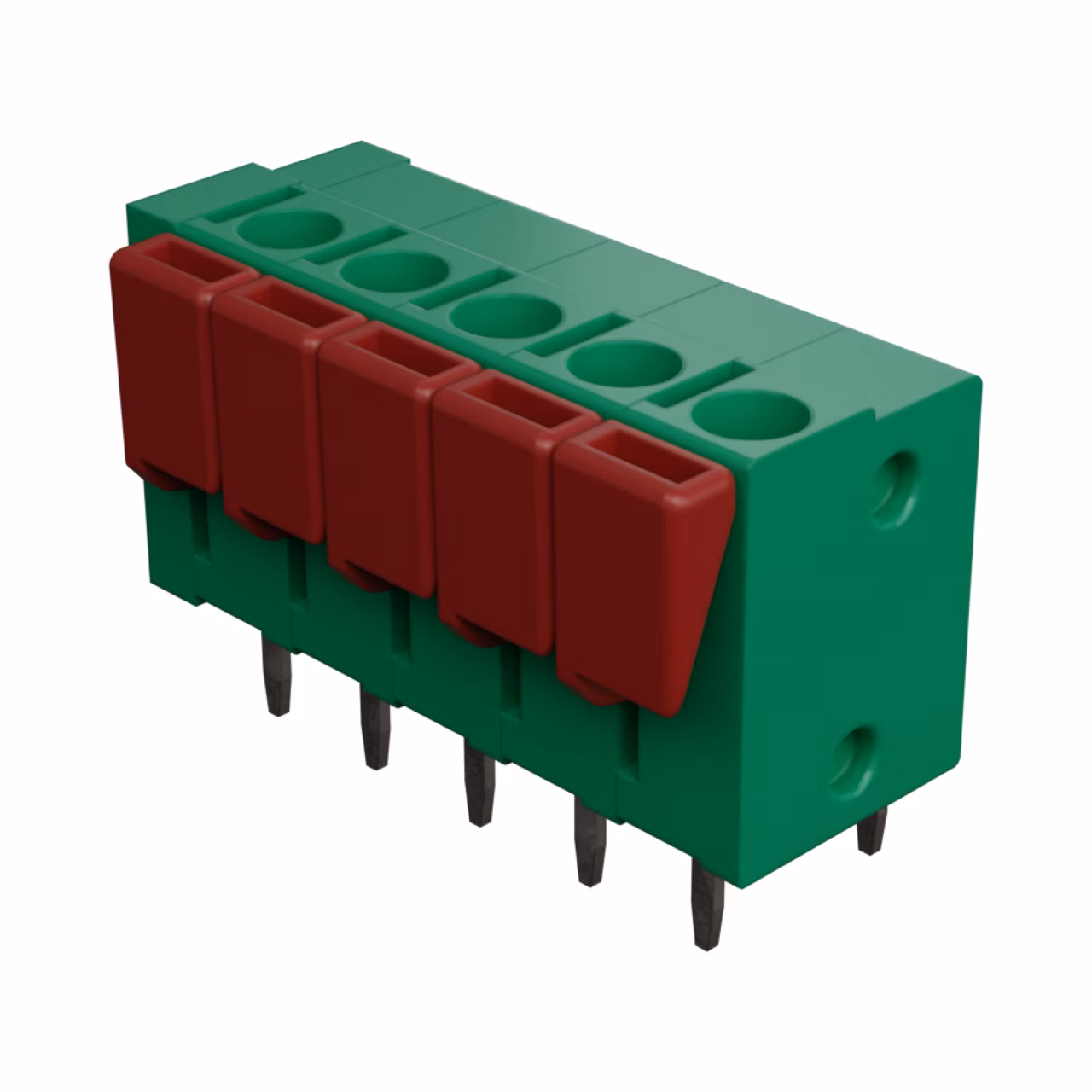 5.00mm Pitch, Eurostyle Fixed-Mount Push-Button Terminal Block, Vertical, 10A, 22-14 AWG, Green, 5 Circuits for sale