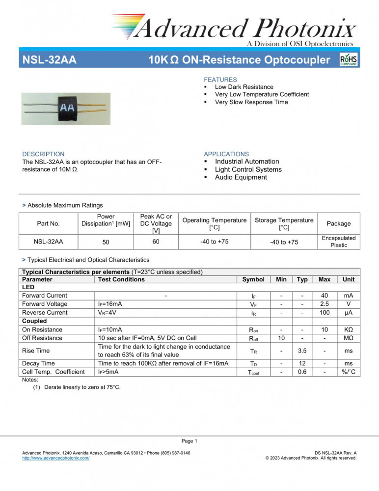 NSL-32AA product datasheet page 1