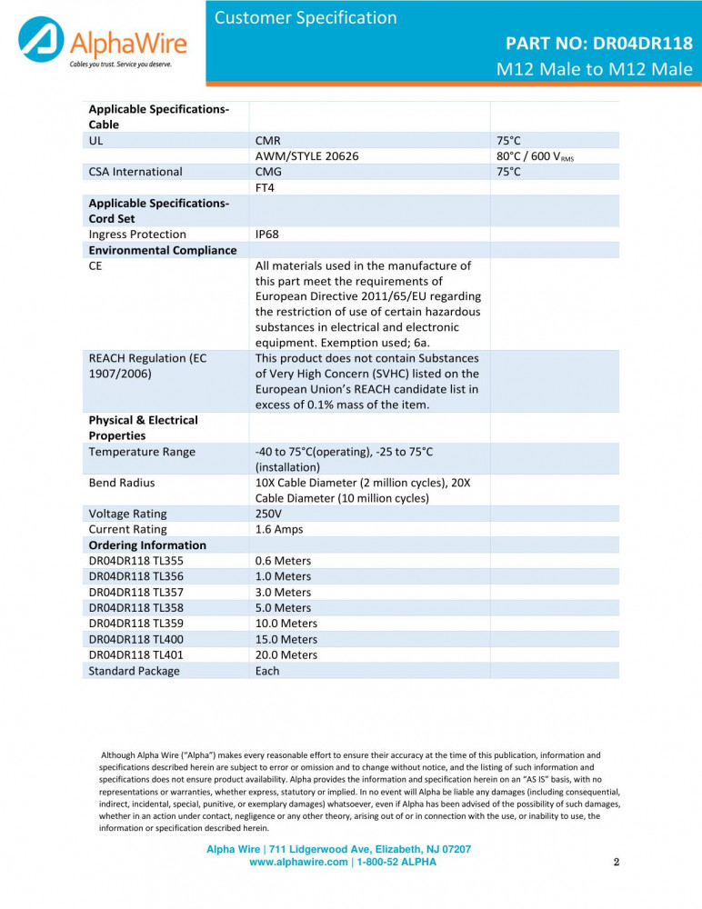 Alpha Wire DR04DR118 TL355 technical document page 2