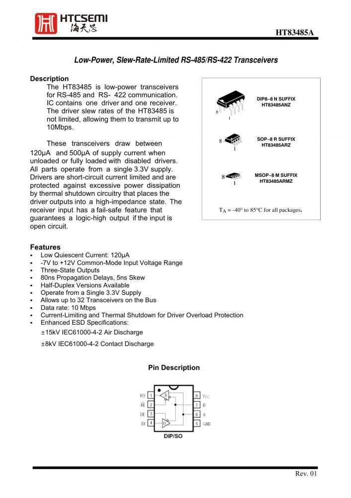 HT83485ARZ datasheet page 1