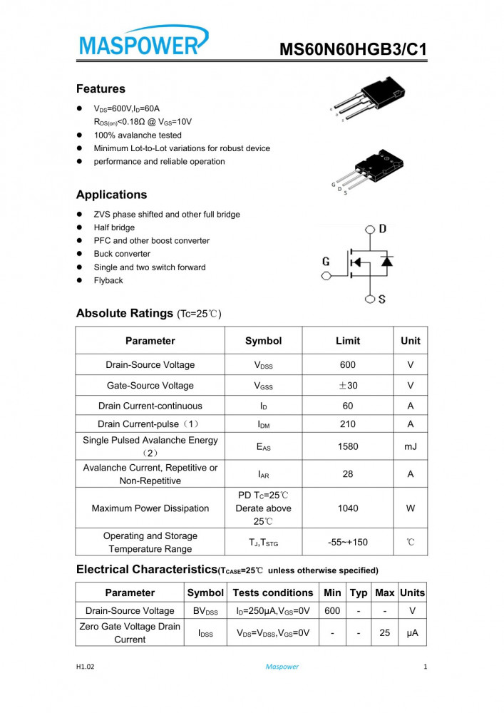 MS60N60HGB3 datasheet page 1