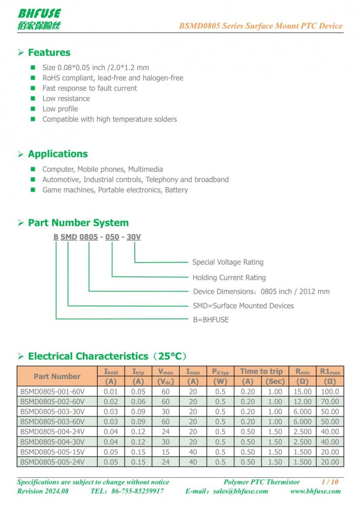 BHFUSE BSMD0805 datasheet page 1