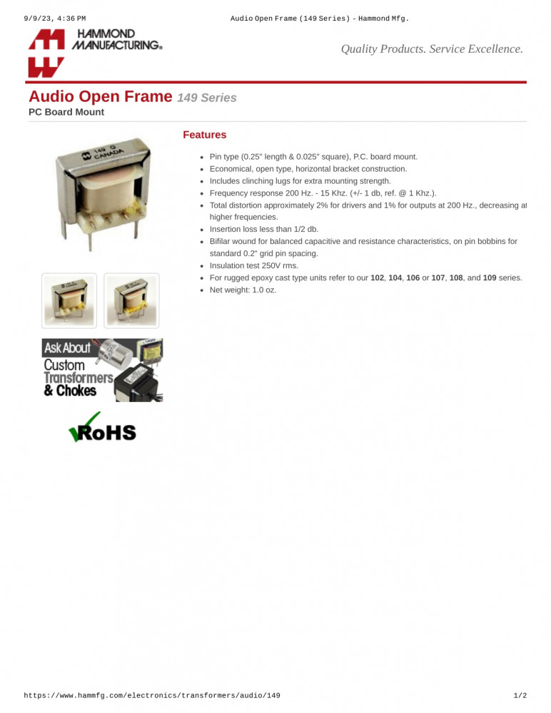 Hammond 149 series technical document page 1