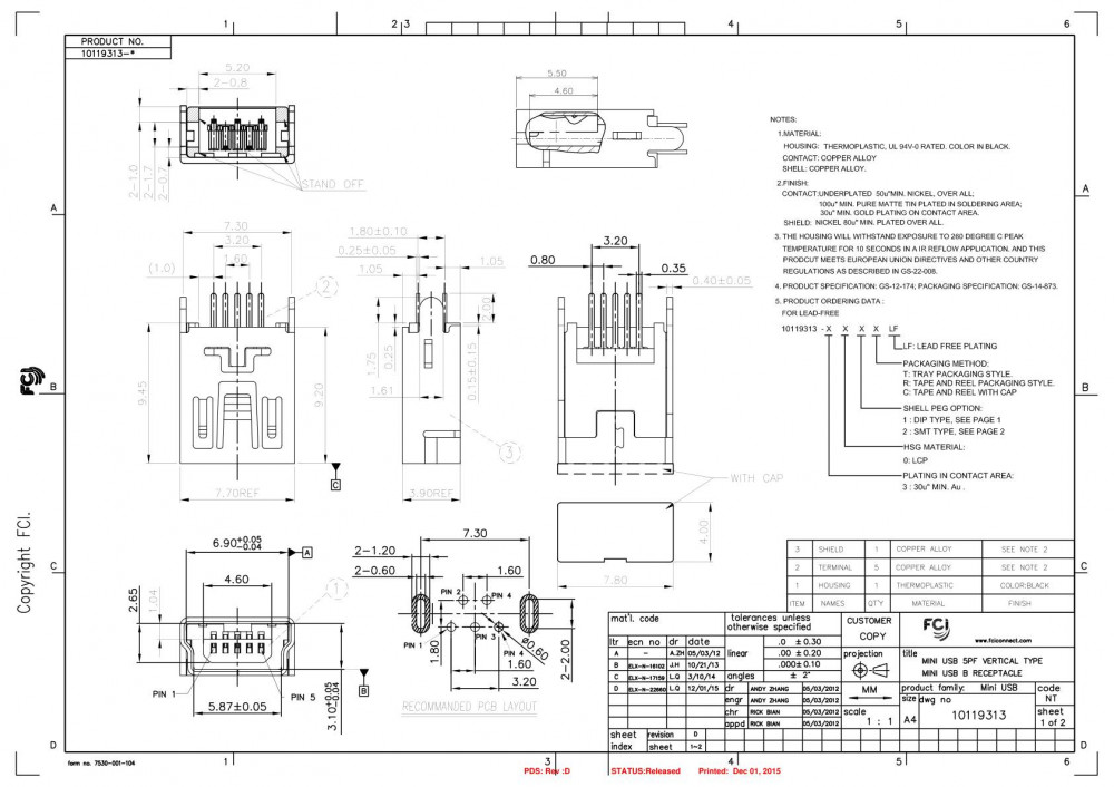 Amphenol 10119313-301CLF technical drawing page 1