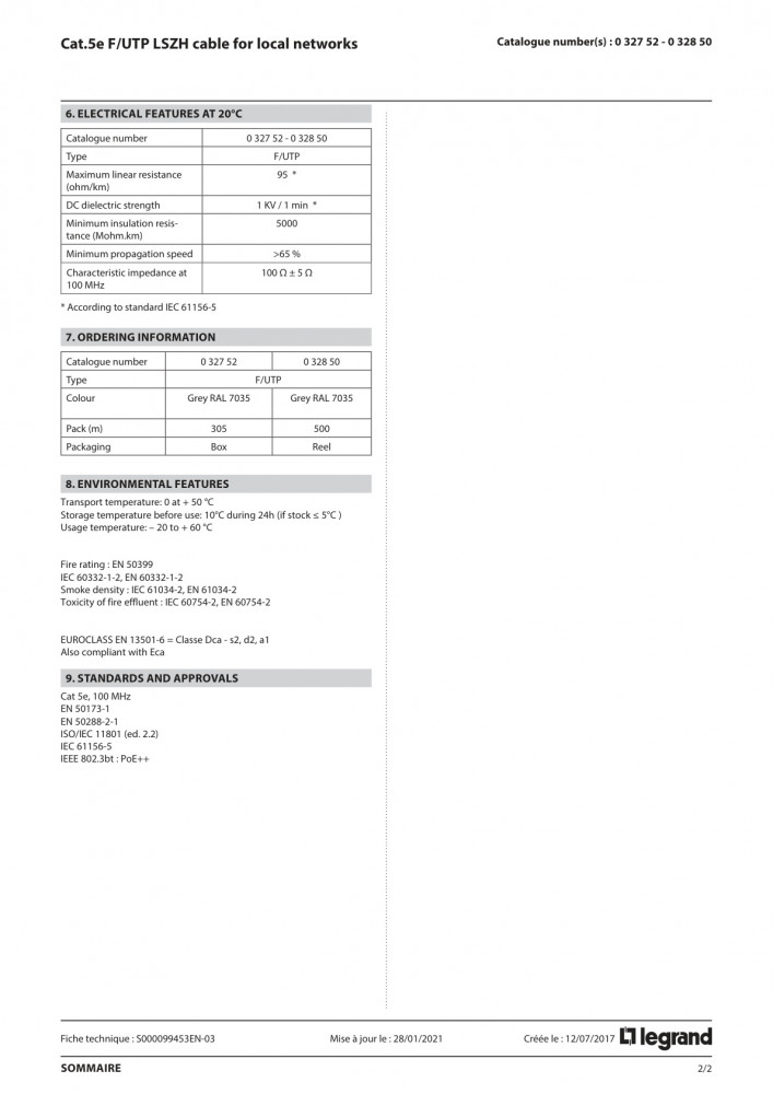 Legrand cable technical document, page 2