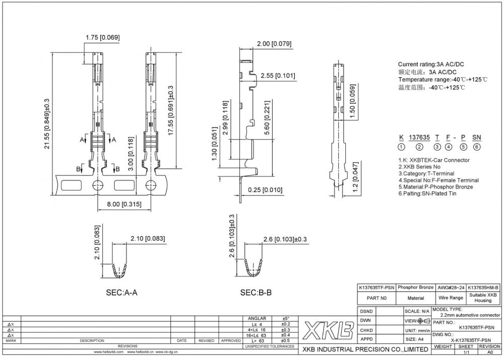 XKB Connection K137635TF-PSN technical drawing