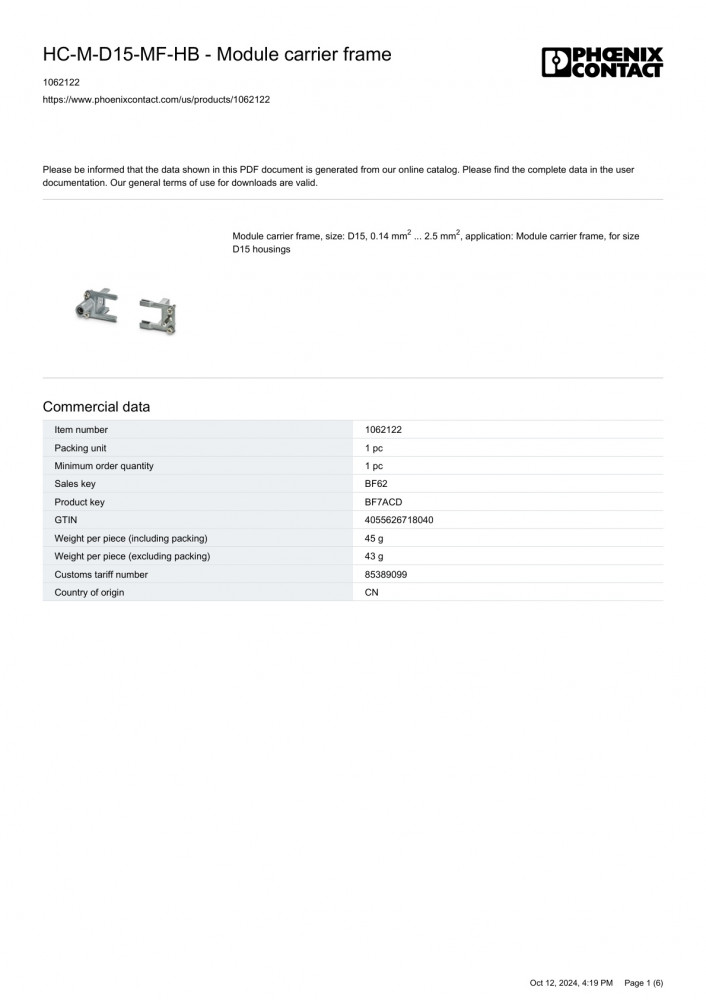 Phoenix Contact 1062122 technical document page 1