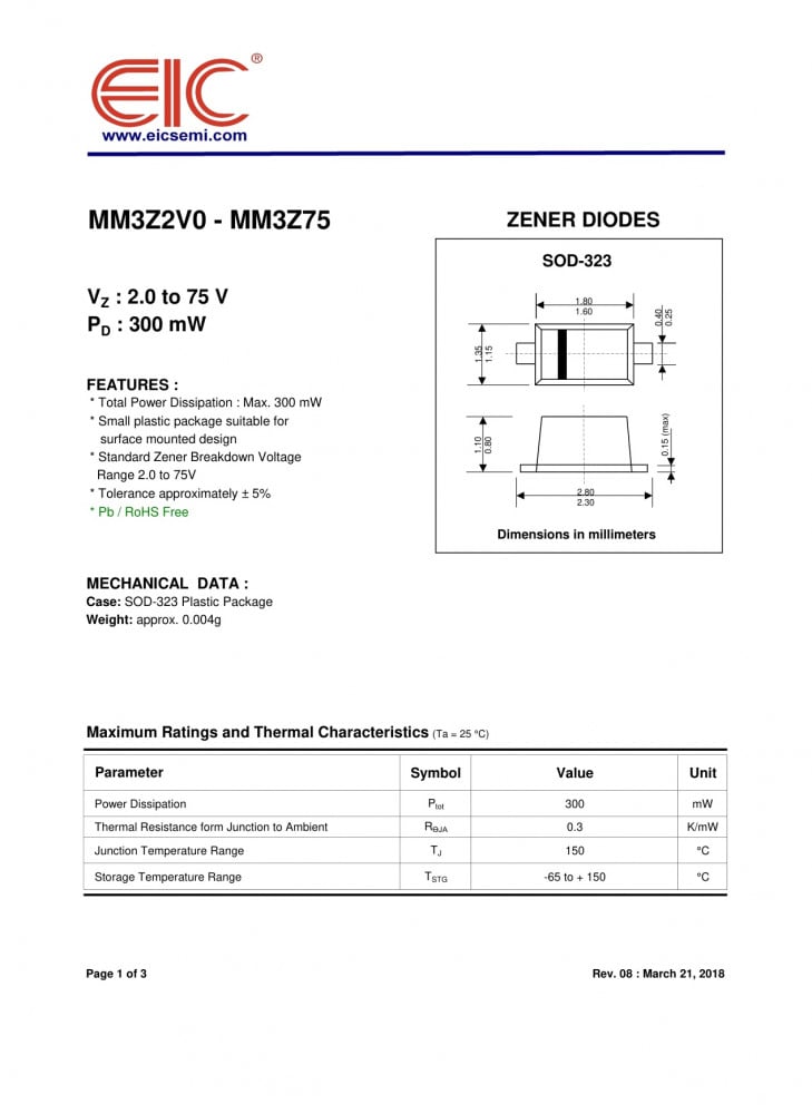 EIC MM3Z3V3 datasheet page 1