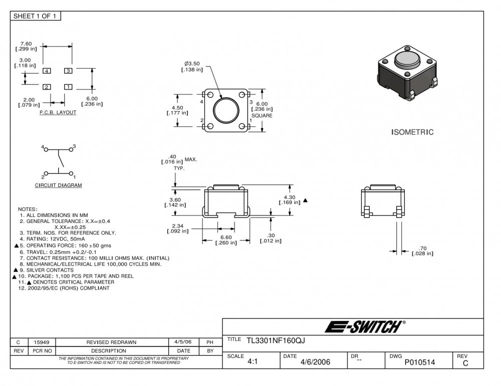 E-Switch TL3301NF160QJ technical drawing