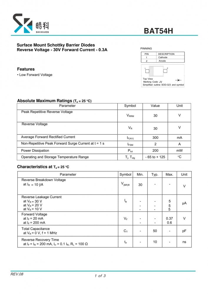 BAT54H datasheet page 1