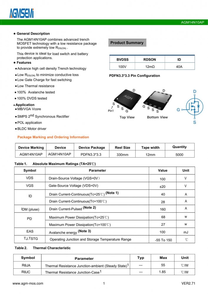 AGM14N10AP datasheet page 1