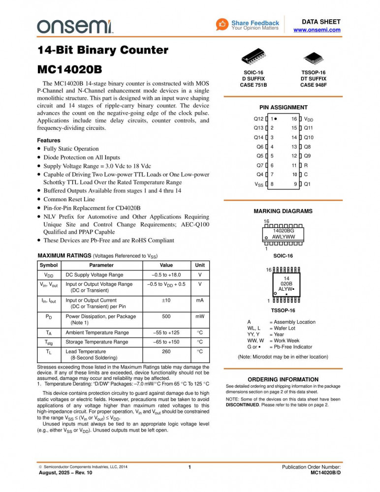MC14020B datasheet page 1