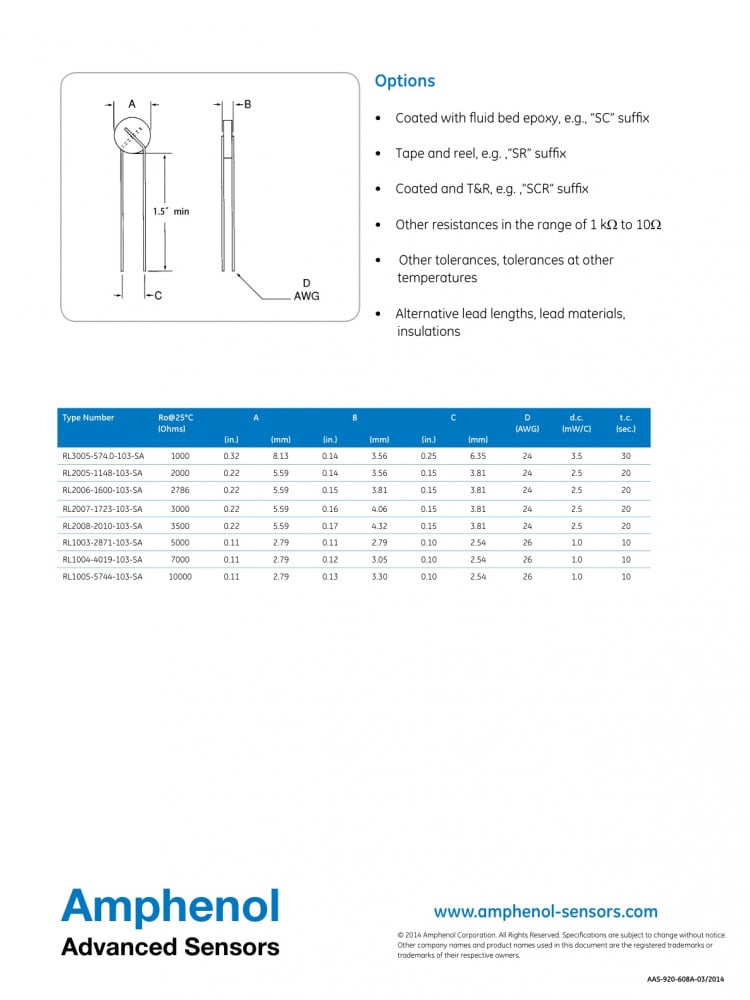 Amphenol NTC Type SA thermistor documentation page 2