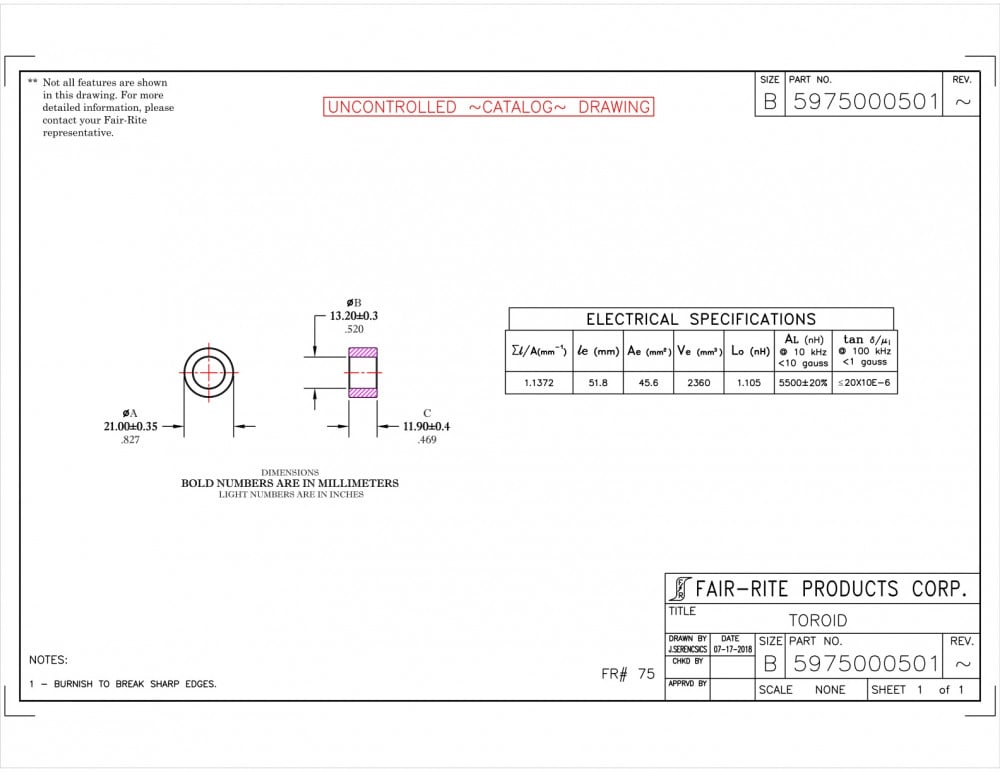 Fair-Rite 5975000501 technical document page
