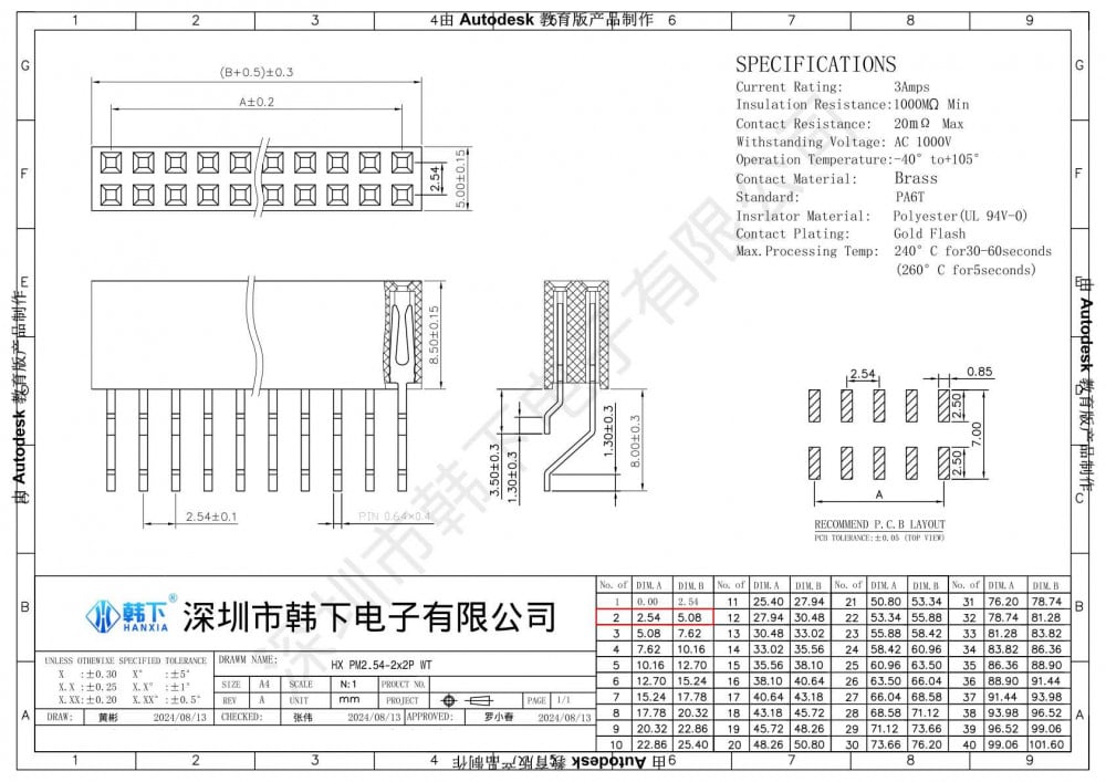 HX PM2.54-2x2P WT technical drawing and PCB layout