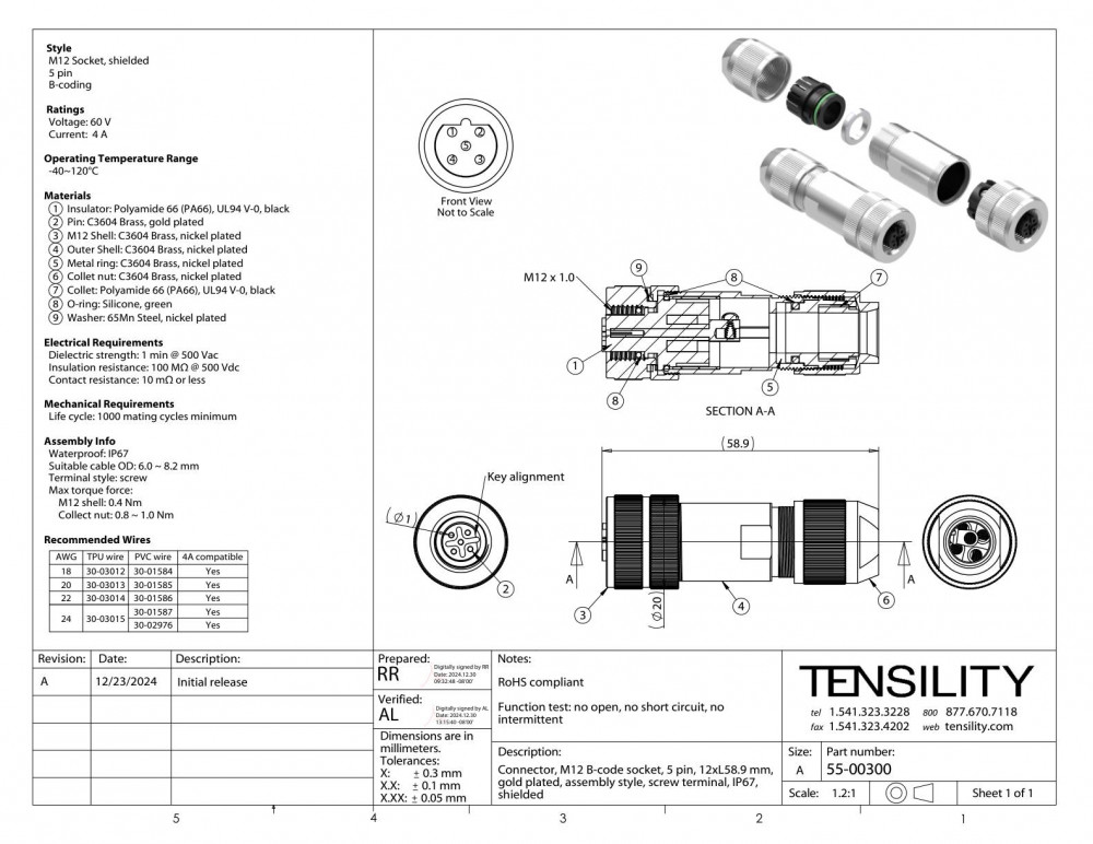 Tensility International 55-00300 M12 B-code 5-pin shielded socket drawing