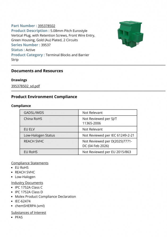 MOLEX 395378502 technical drawing, page 1