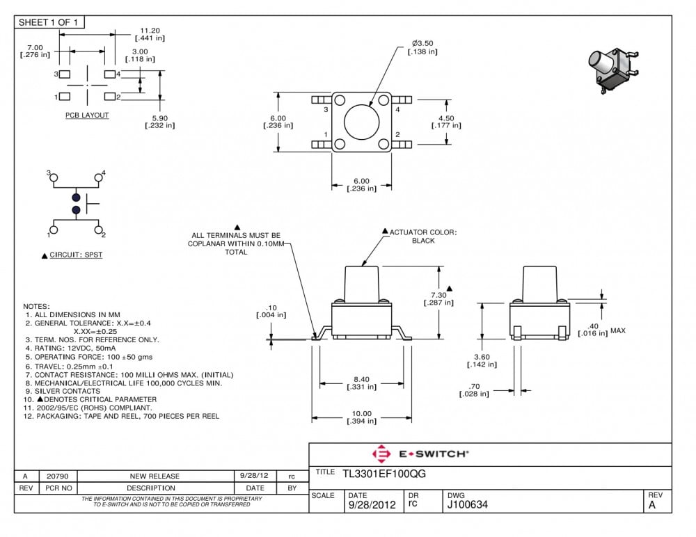 E-Switch TL3301EF100QG technical drawing