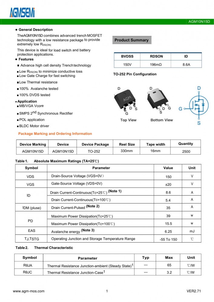 AGM10N15D datasheet page 1