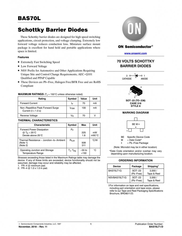 BAS70LT1G datasheet page 1