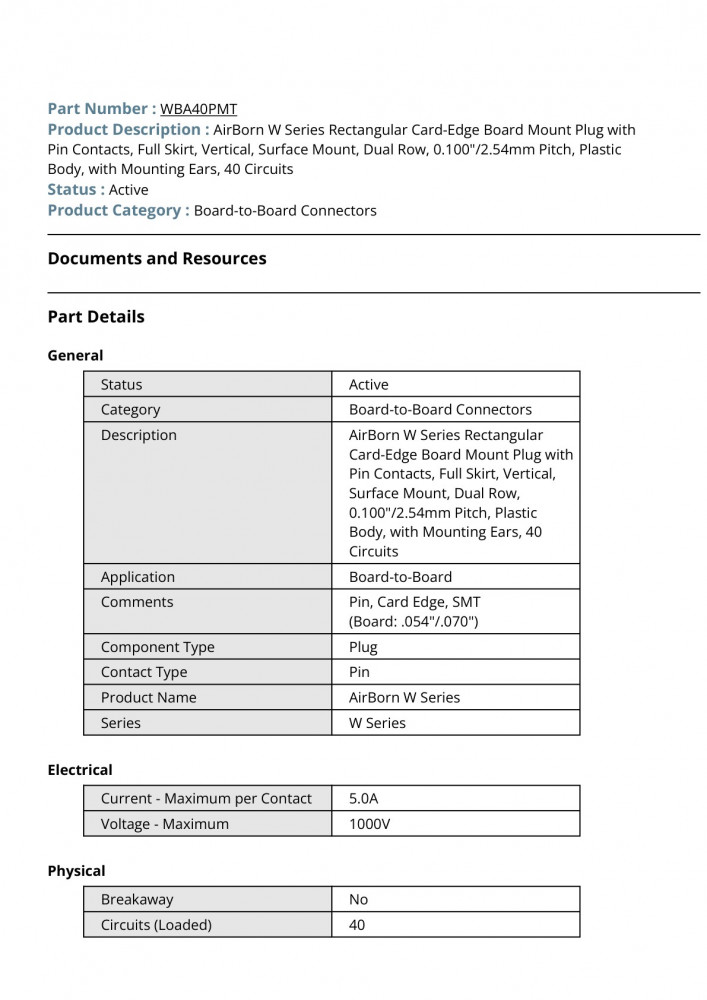 WBA40PMT product document image, page 1