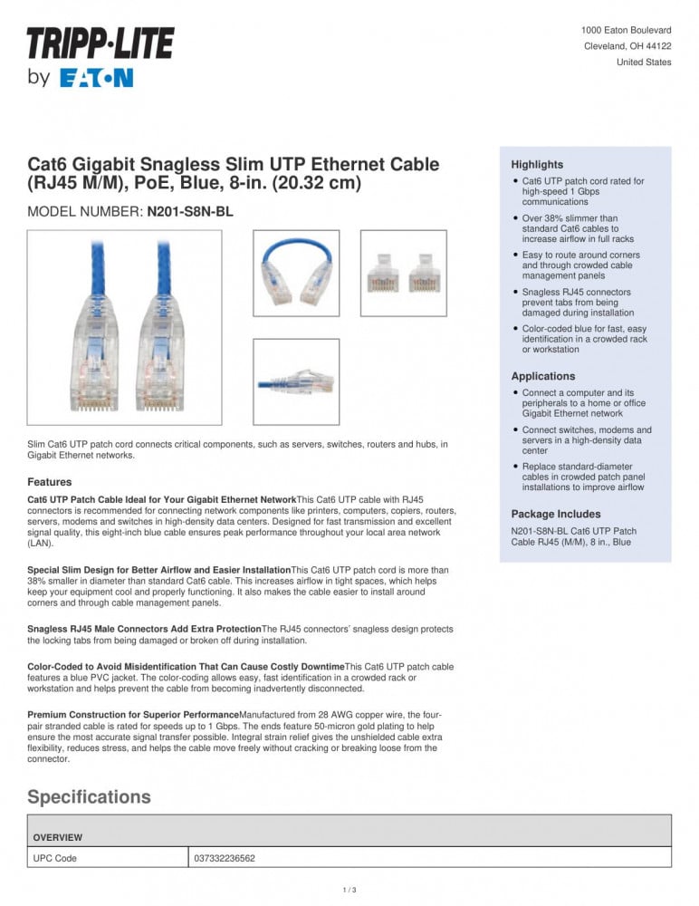 EATON N201-S8N-BL technical document page 1