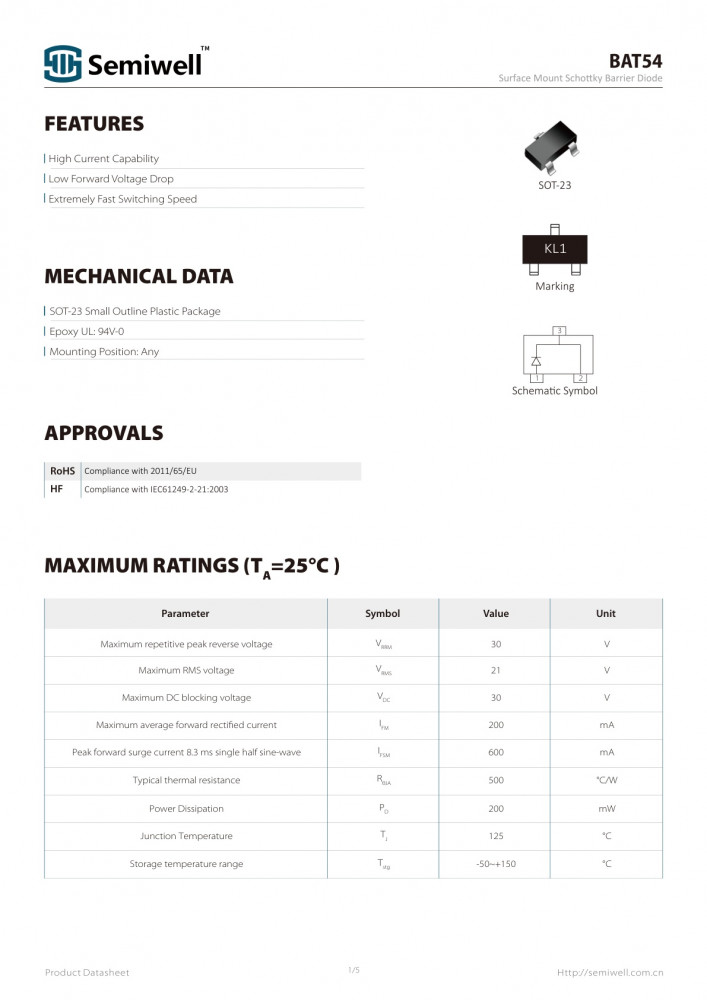 BAT54 datasheet page 1