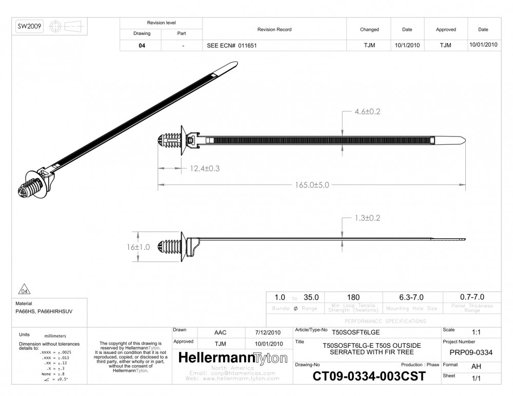 Technical drawing image for the T50S outside-serrated fir-tree cable tie