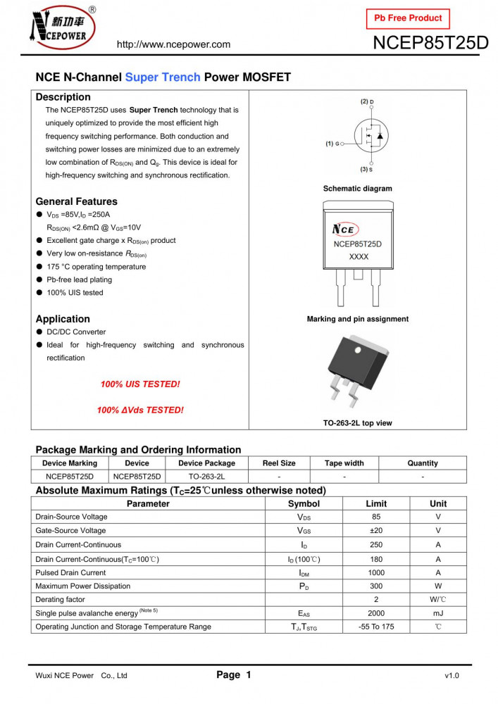 NCEP85T25D datasheet page 1