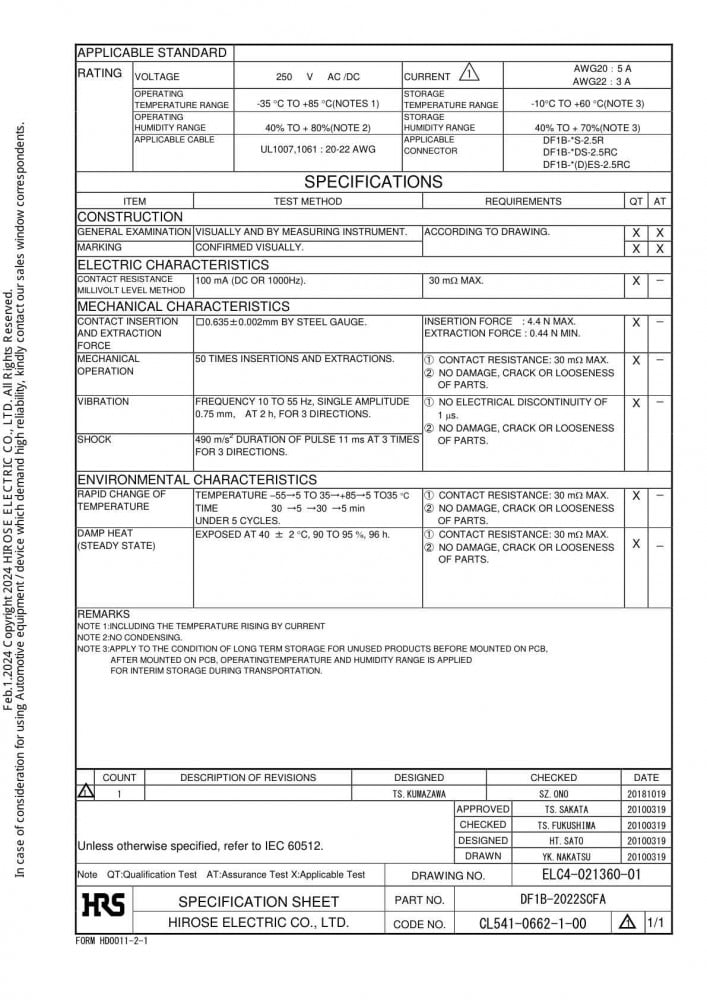 HRS DF1B-2022SCFA specification sheet