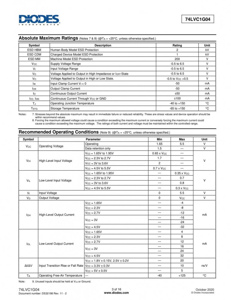 74LVC1G04SE-7 datasheet page 3
