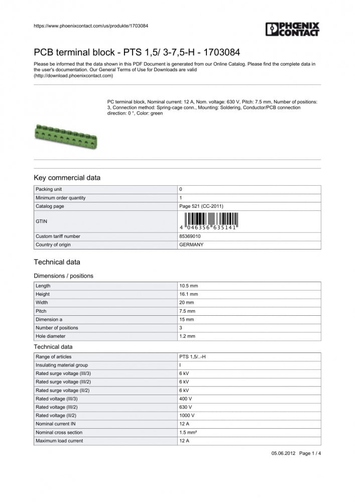 Phoenix Contact 1703084 product document page 1