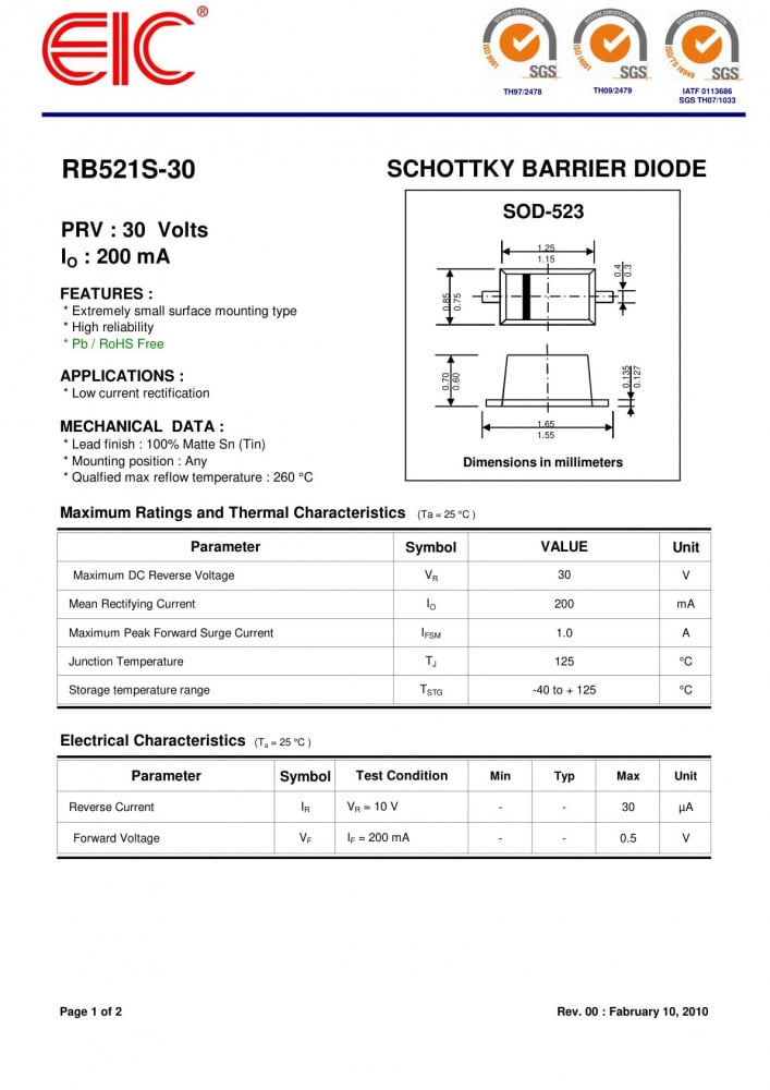 EIC RB521S-30 datasheet page 1