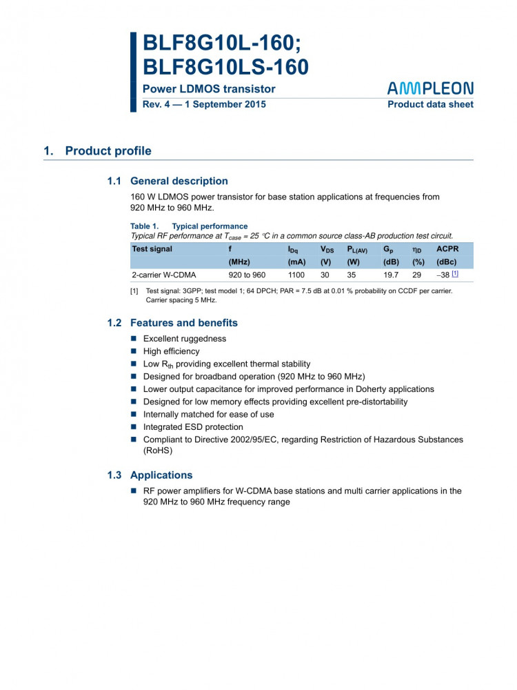 BLF8G10LS-160 datasheet page 1