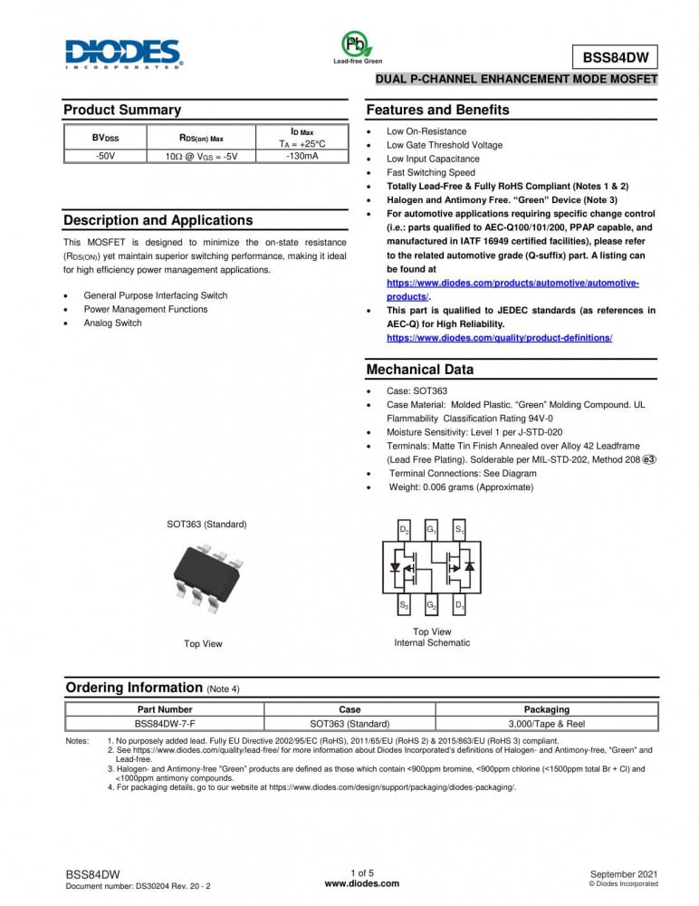 BSS84DW-7-F datasheet page 1