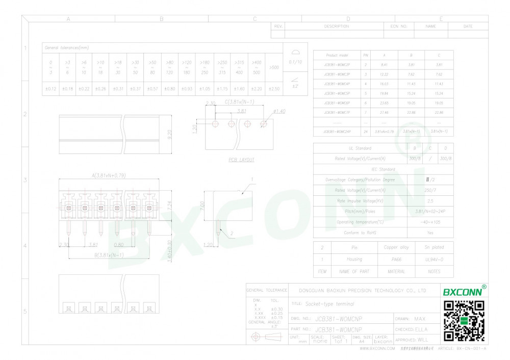 BXCONN JCB381-WOMCxP product drawing preview